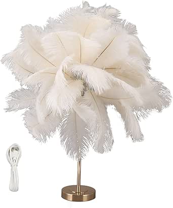 Feather Table Lamp, 3 Color Dimmable Touch Switch USB Plug in, Romantic ...