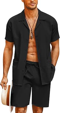 COOFANDY Men 2 Piece Linen outfit Beach Vacation Button Down Shirt and Short classic Summer Yoga ...
