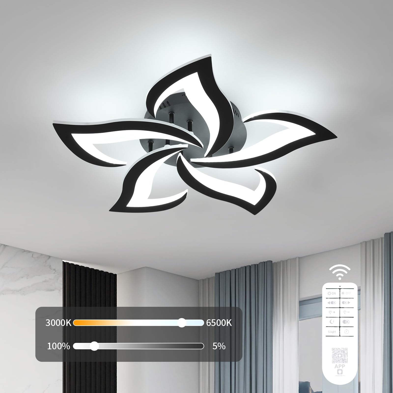Goeco Modern Ceiling Light, Dimmable Black 5-Petals Flower Flush Mount ...
