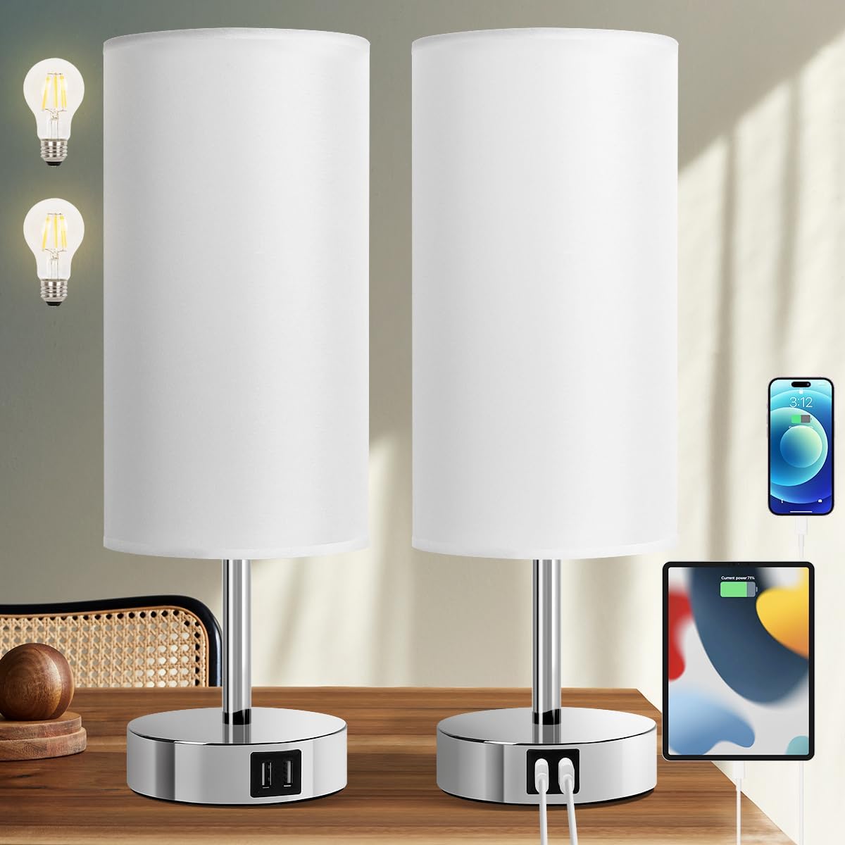 Bedside Lamps for Bedroom Set of 4 - Night Stand Table Lamps with USB A ...