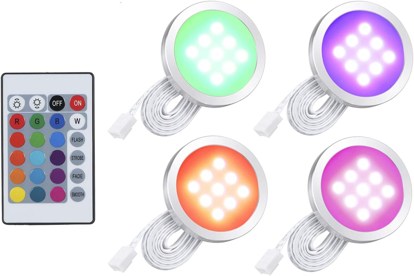 LED Under Cabinet Light Kit RGB Puck Lamp Multi Color Dimmable Under ...