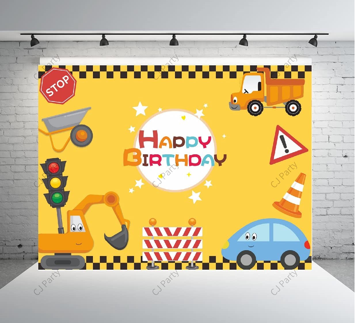 Buy CJ Party Supplies Construction Vehicle Happy Birthday Backdrop ...