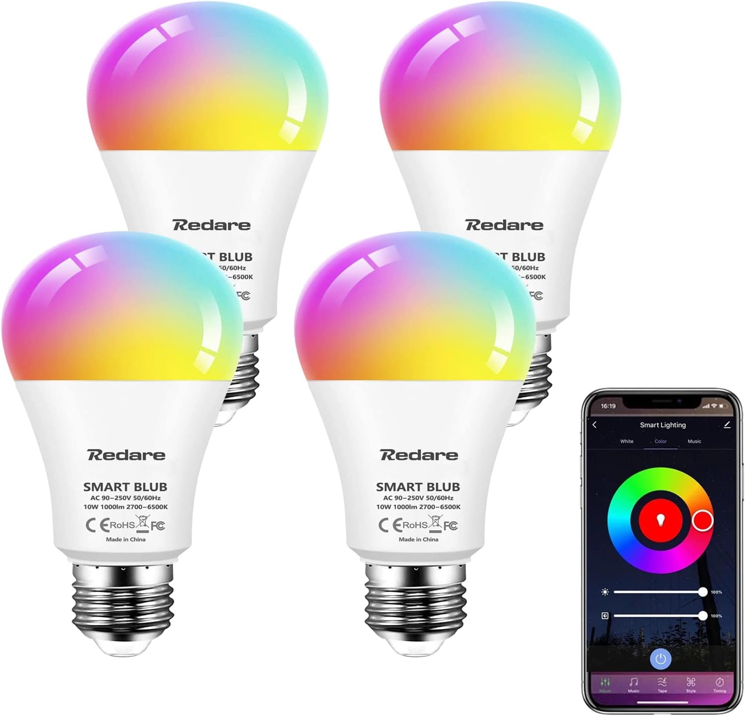 LED Smart Bulbs,Redare Bluetooth Light Bulb,E27,10W 1050LM,Color ...