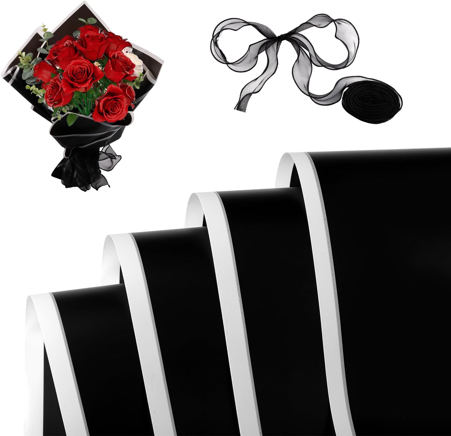 20 Sheets Flower Bouquet Wrapping Paper, 22.8" Elegant Black Florist ...