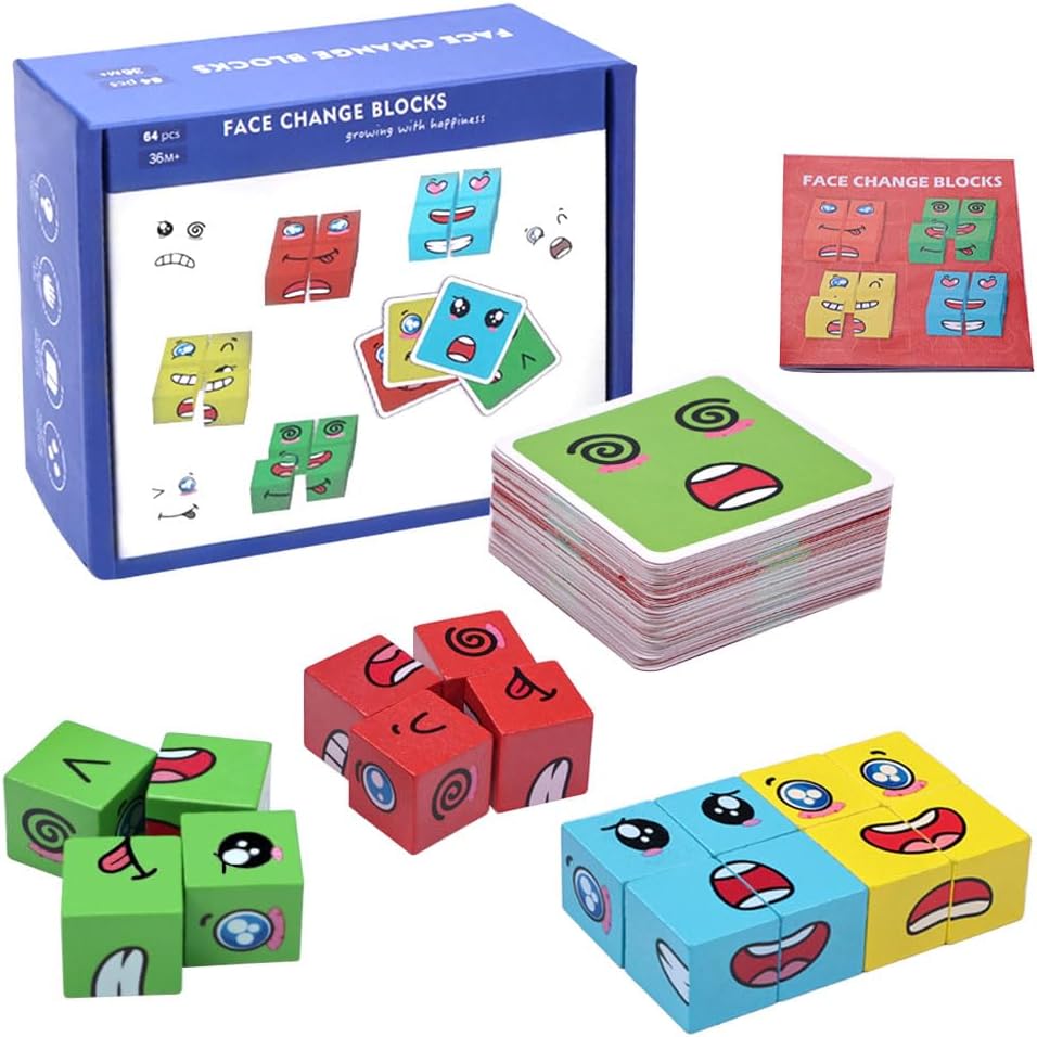 CRLED Wooden Expressions Matching Block Puzzles Building Cubes Toy ...