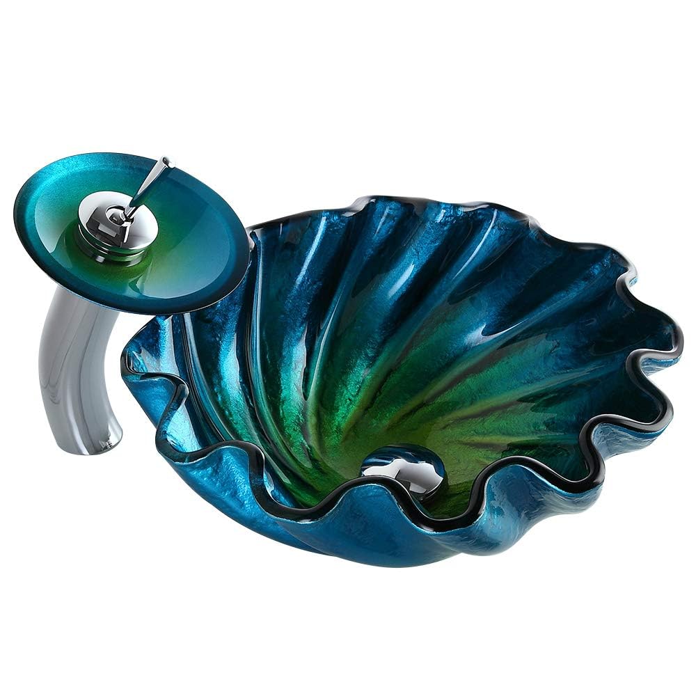 KunMai Blue&Green Seashell Wave Tempered Glass Bathroom Vessel Sink ...