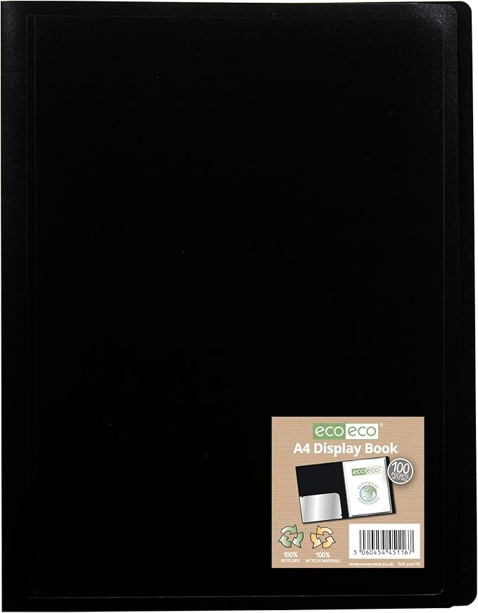 eco-eco A4 100% Recycled 100 Pocket Black Flexible Cover Portfolio Book ...