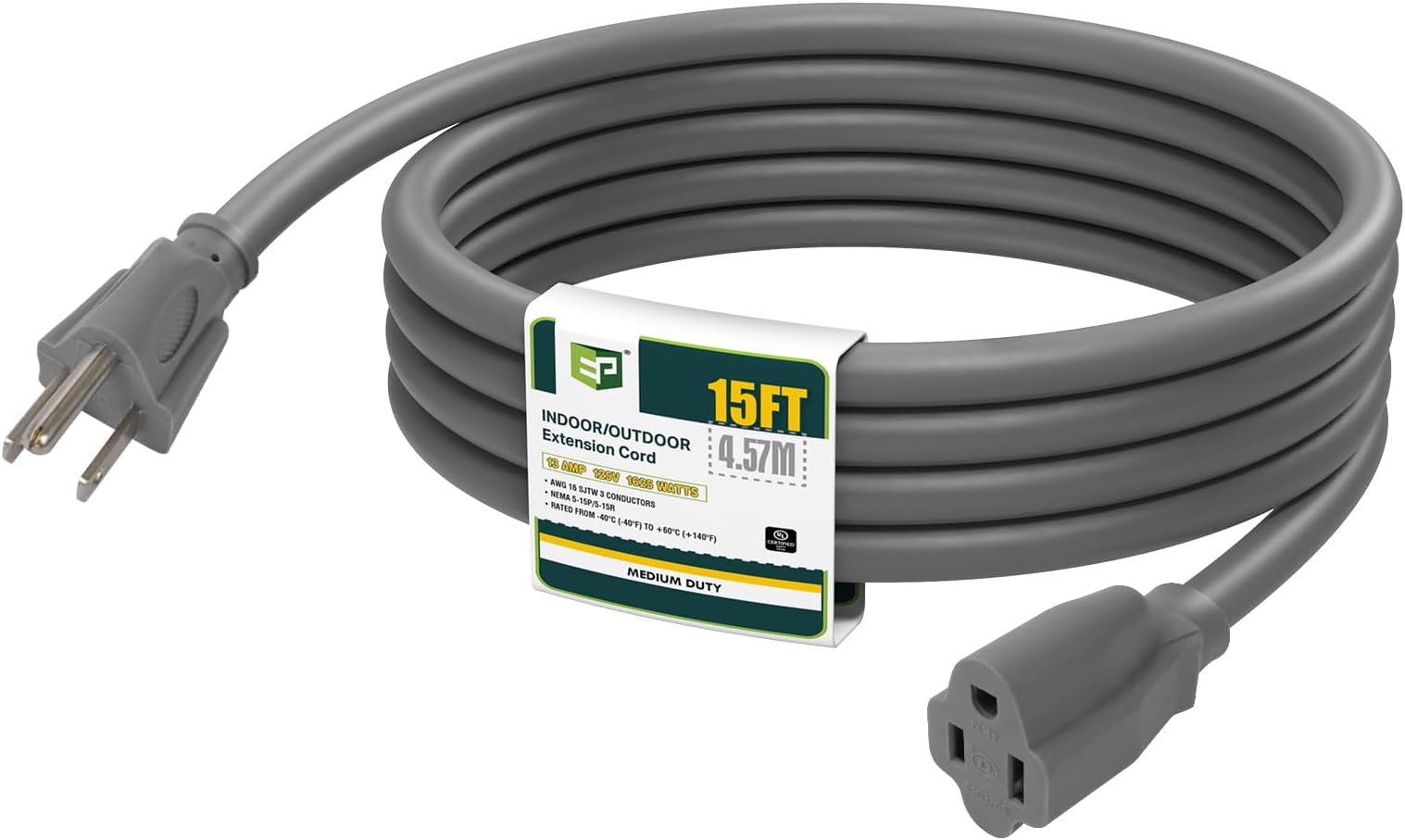 EP 15 Ft Outdoor Extension Cord - 16/3 SJTW Gray Electrical Cable with ...