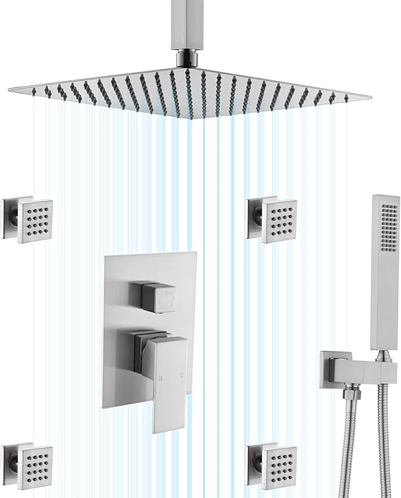 Enga Rain Shower System with Body Jets, 12" Ceiling Rain Shower, All ...