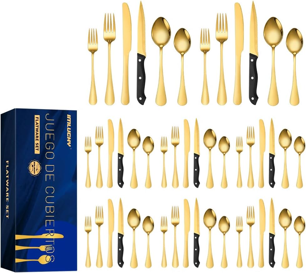 Juego de Cubiertos Dorados de 48 Piezas - Cubiertos de Acero Inoxidable ...