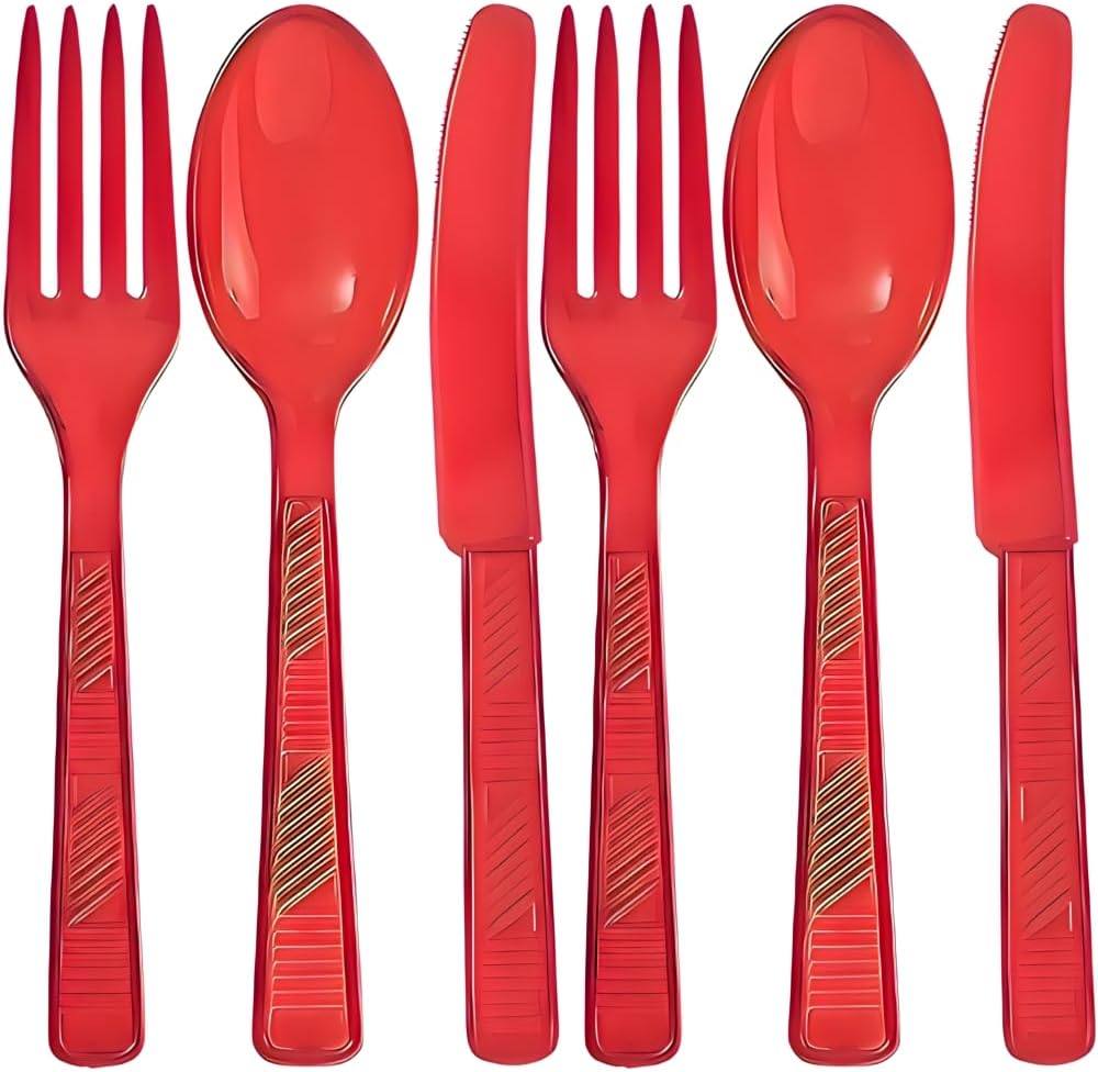 Amazon.com: Disposable Plastic Cutlery Set | Red | Pack of 48 : Health ...