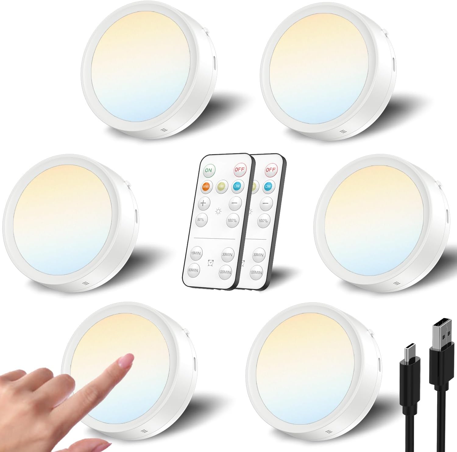 Rechargeable Puck Lights with Remote Control, 1600mAh Battery Spot ...