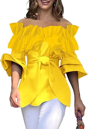UOOZEE Women's Ruffle Off Shoulder Tops Bell Sleeve Elegant Tie Front ...