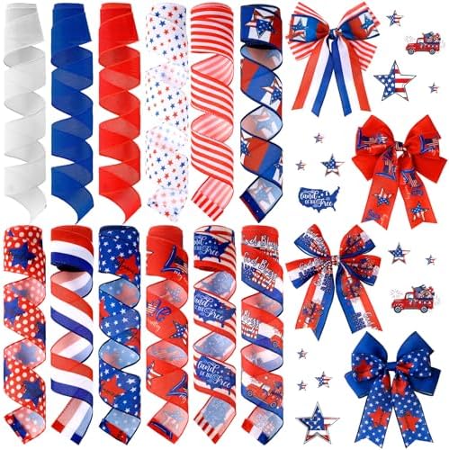 Amazon.com: 2 Rolls 20 Yard Red White and Blue Ribbon Patriotic Star ...