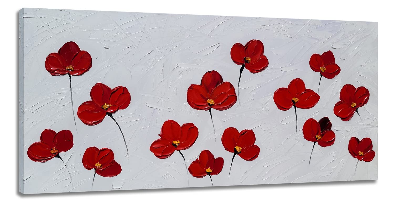 SYGALLERIER Hand Painted Red Flowers with Texutre- Handmade Wooden ...