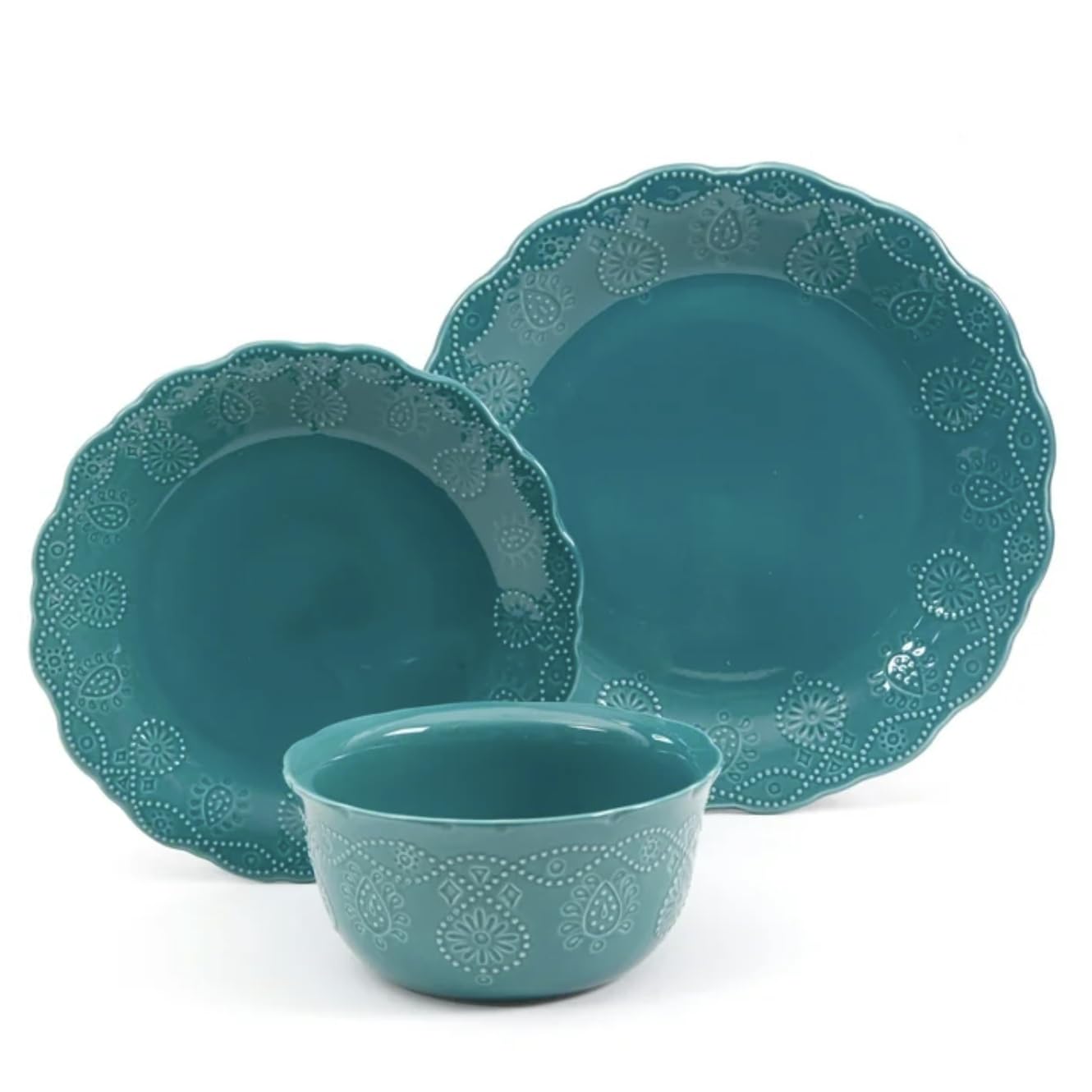 Amazon.com | Pioneer Woman Cowgirl Lace 12-Piece Dinnerware Set, Teal ...