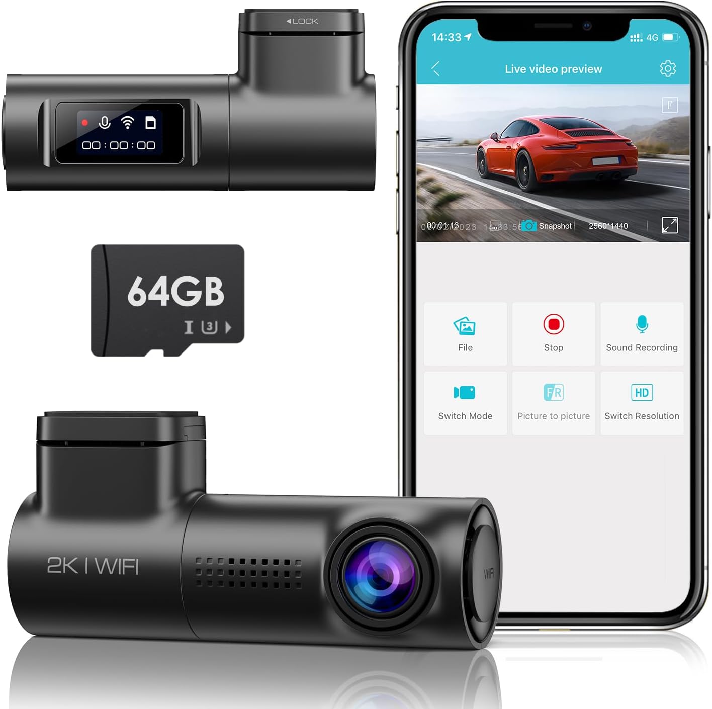 Sarmert Front Dash Cam 2K 64G SD Card Built-in WiFi,Dash Camera for ...