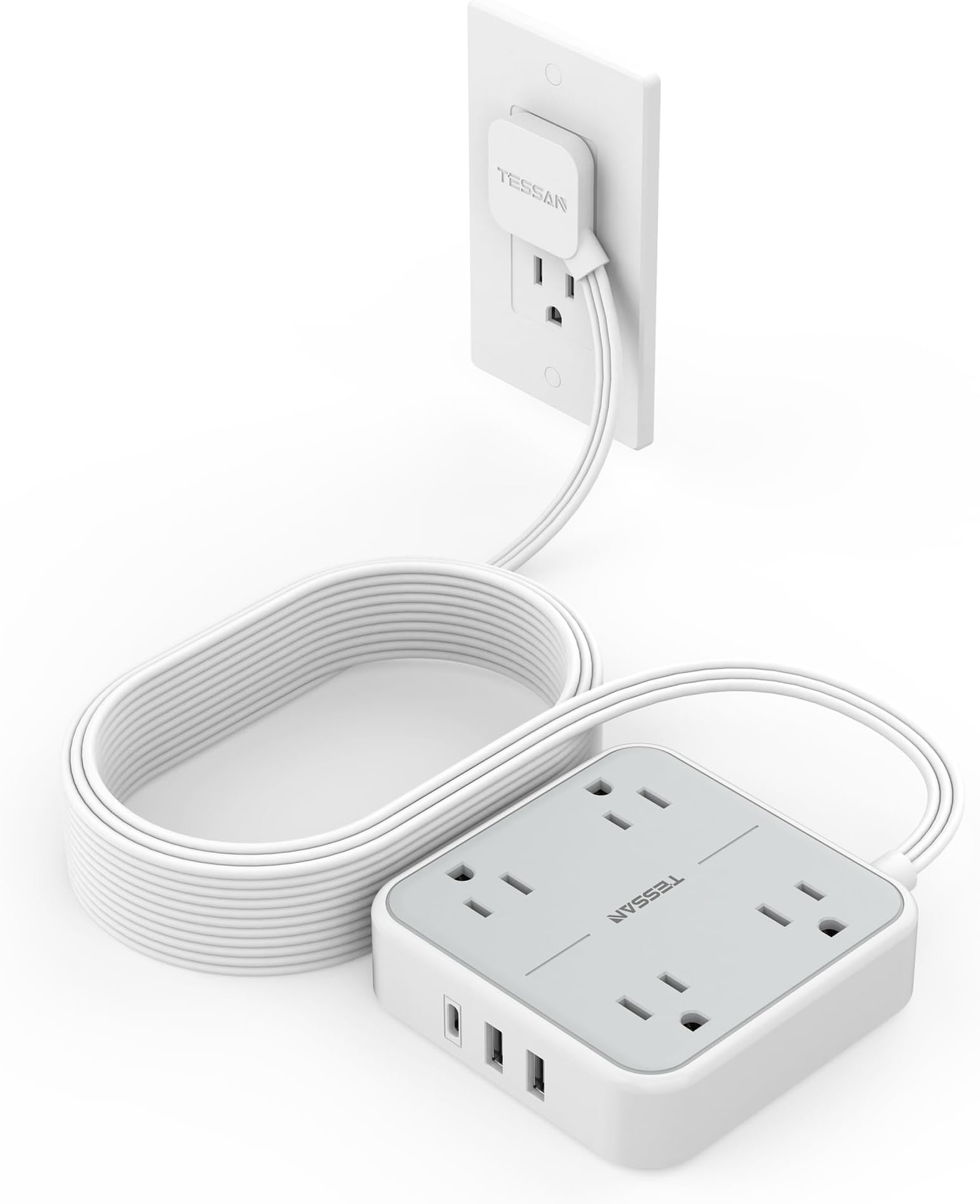 Barre d'alimentation à prise plate avec USB C, rallonge TESSAN de 1,5 m ...