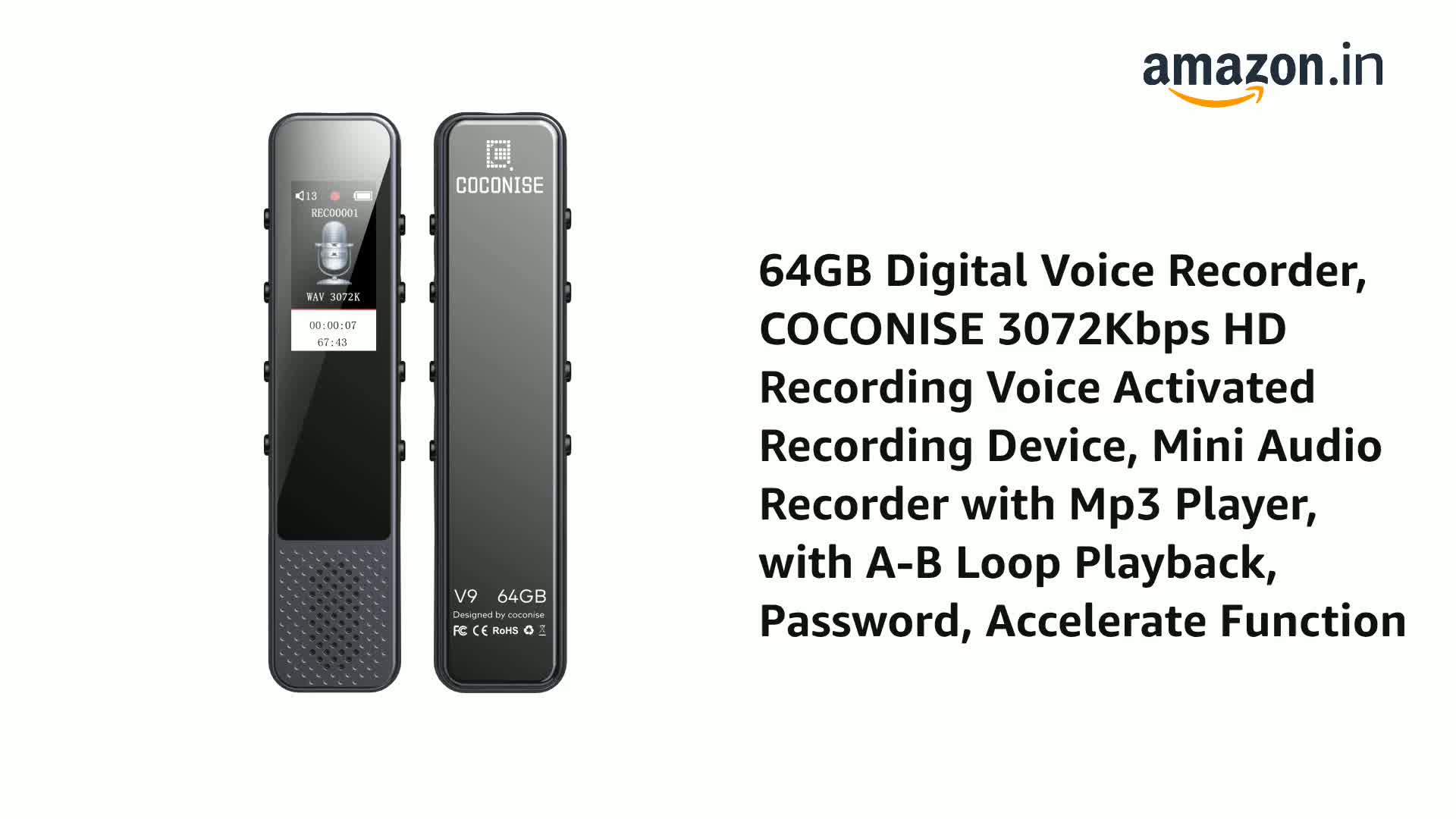 Watch 64GB Digital Voice Recorder, COCONISE 3072Kbps HD Recording Voice ...