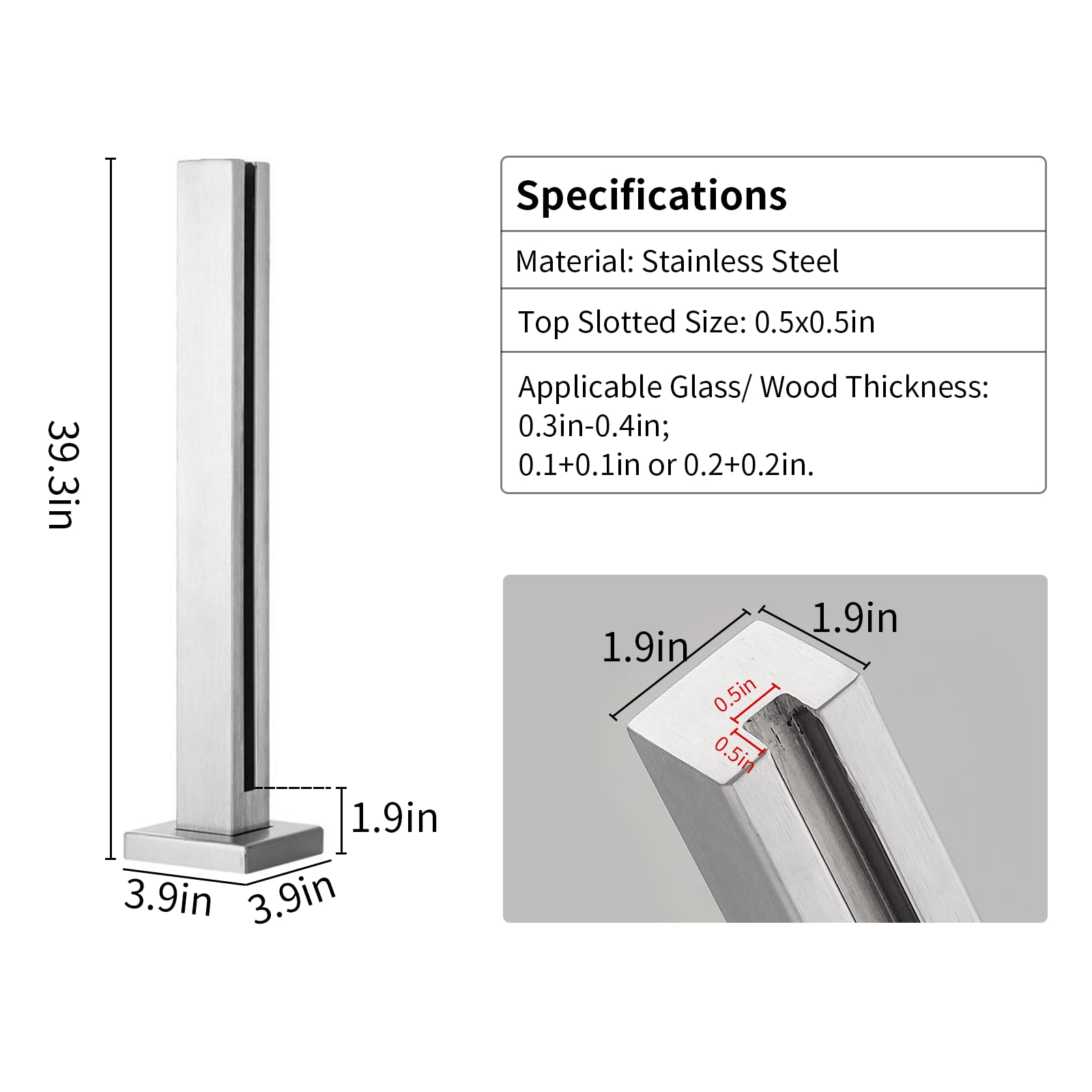 Glass Balustrade Post 42" Middle Post, 304 Stainless Steel Glass ...