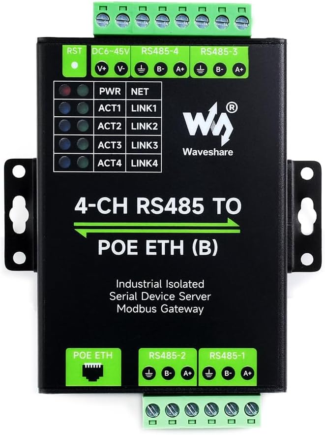 Waveshare 4-Ch RS485 to RJ45 Ethernet Serial Server, 4 Channels RS485 ...