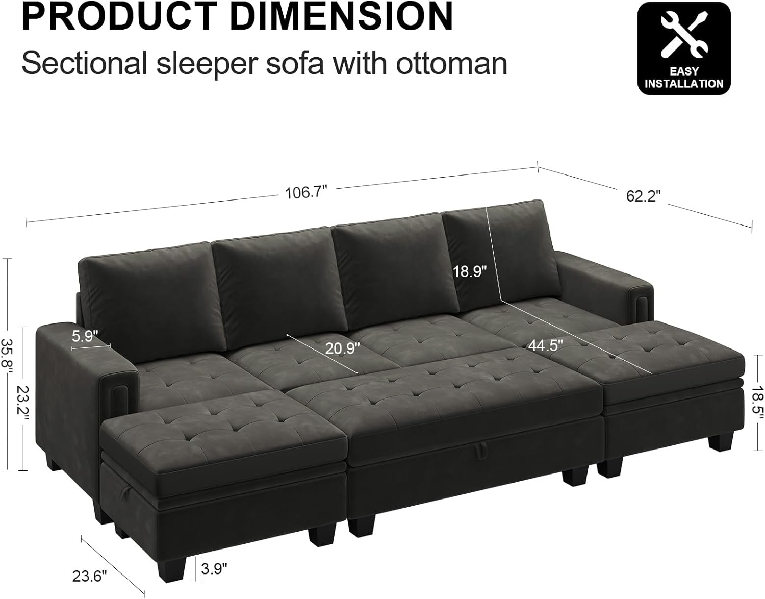 Belffin Sofá cama modular convertible de terciopelo de 4 asientos con diván reversible, sofá ...