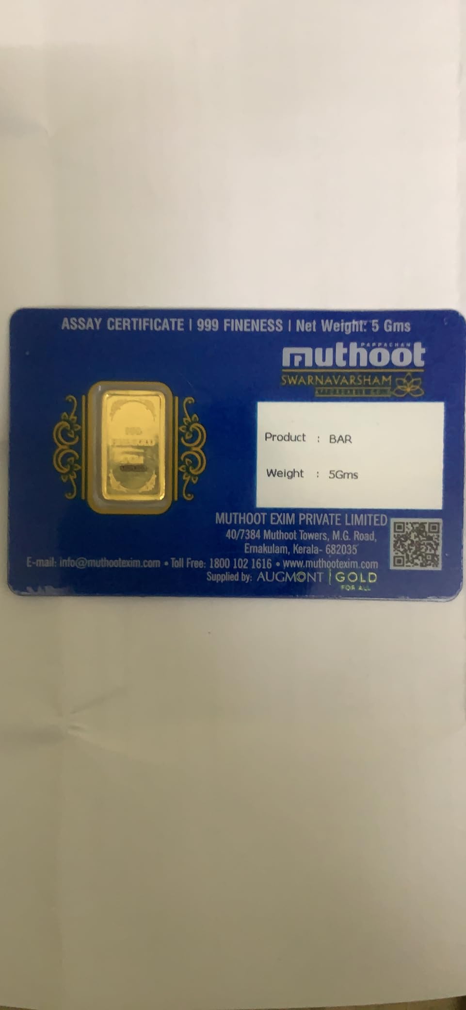 Muthoot Pappachan Swarnavarsham 24K (999) Yellow Gold Bar 5 Gm : Amazon ...