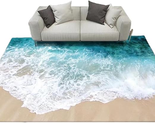 Iczodrow 3D Visual Blue Ocean Rug with Beach Design Carpet, Large Sea ...
