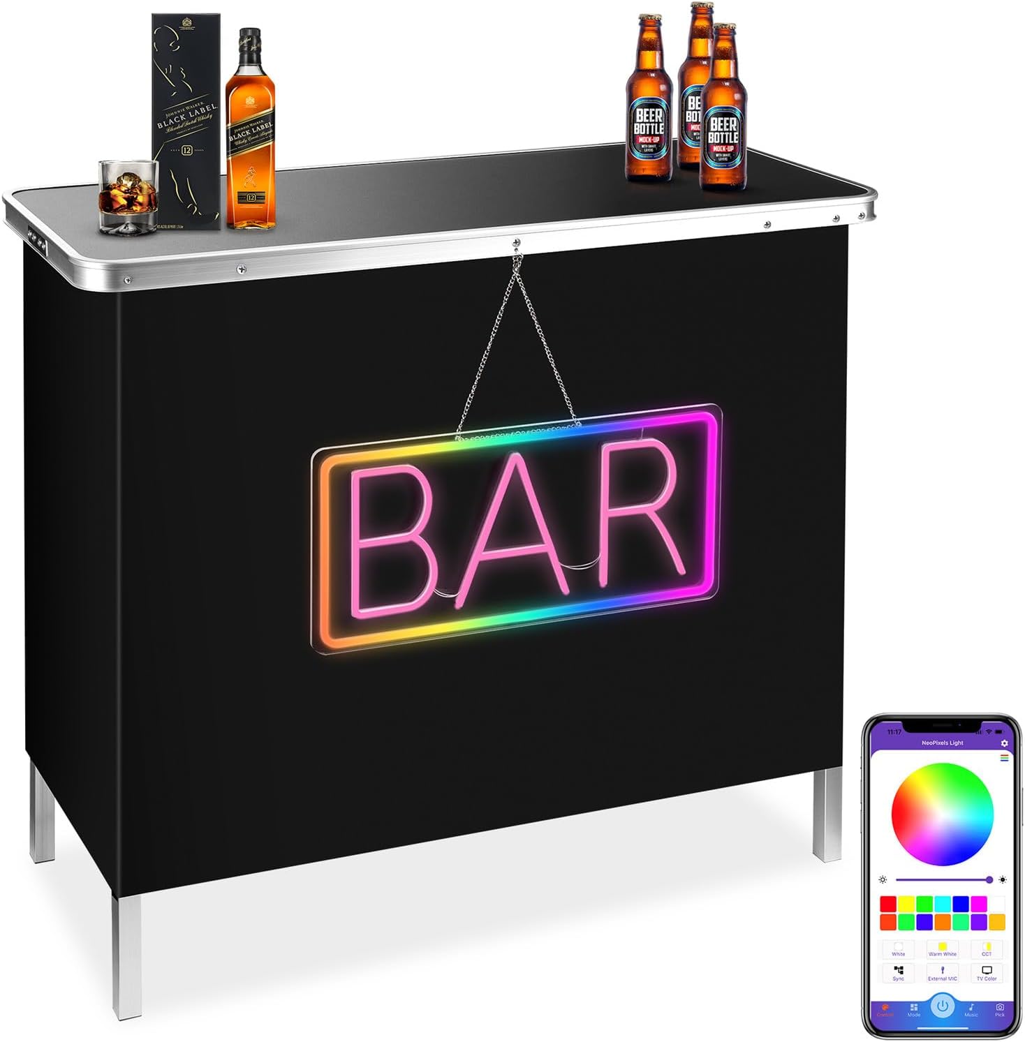 Brillihood Portable Pop-Up Bar Table with Bar Neon Sign, Music Sync Bar ...