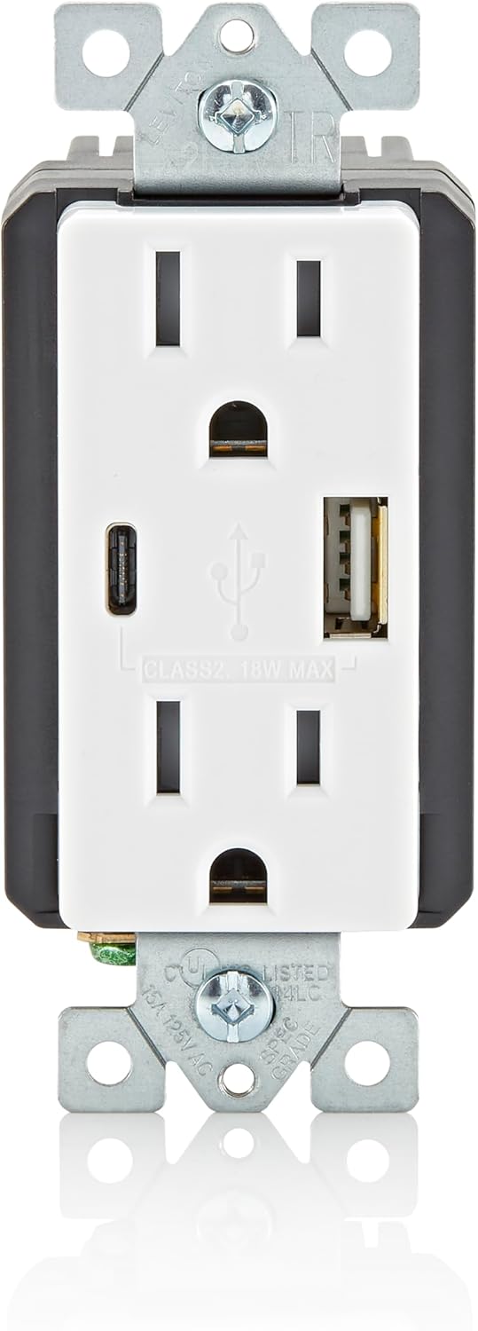 Leviton USB Type A-C Receptacle, 18 W in-Wall Charger with 15 Amp ...