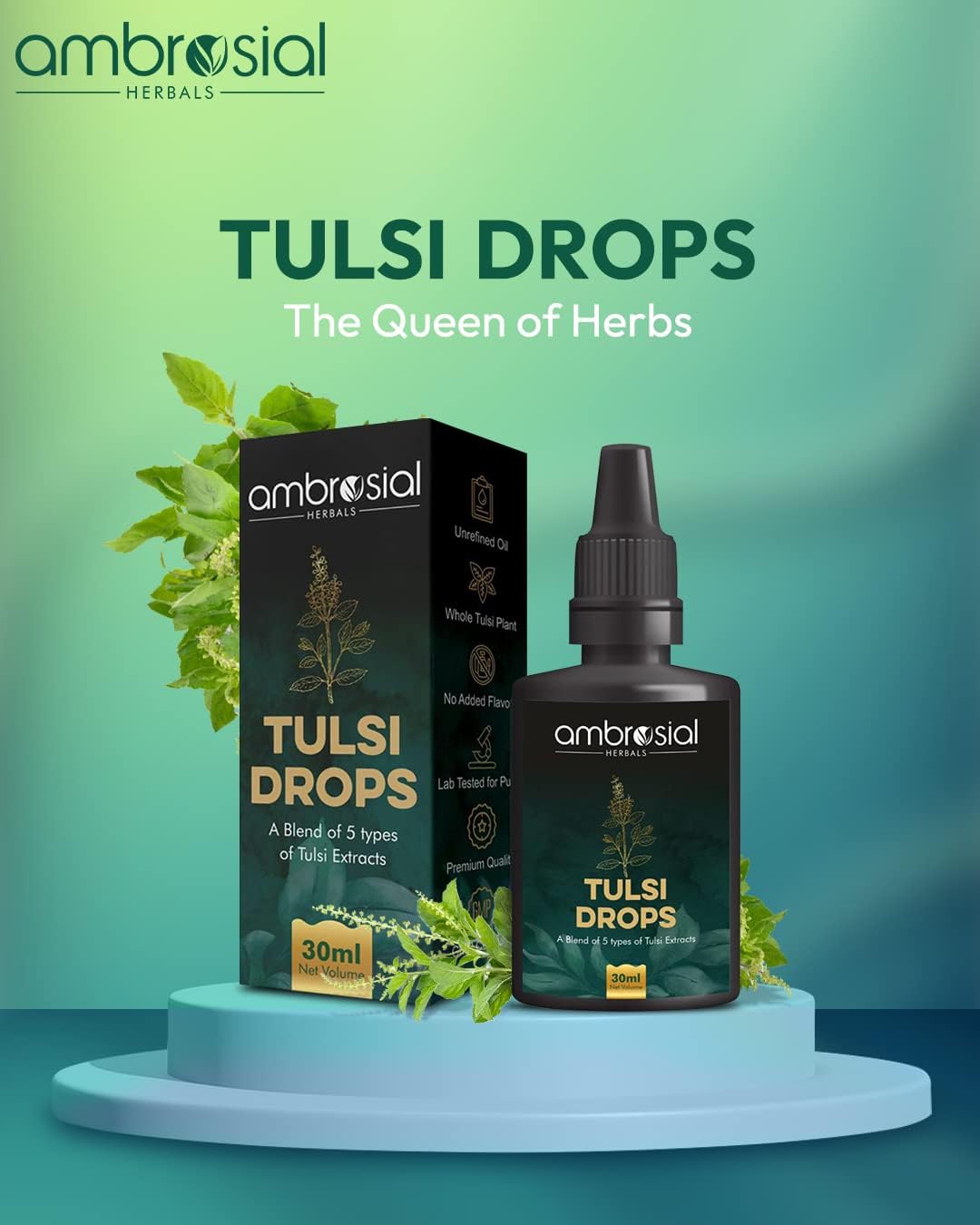 Ambrosial Tulsi Drops Concentrated Extract of 5 Tulsi 30ml | Natural ...