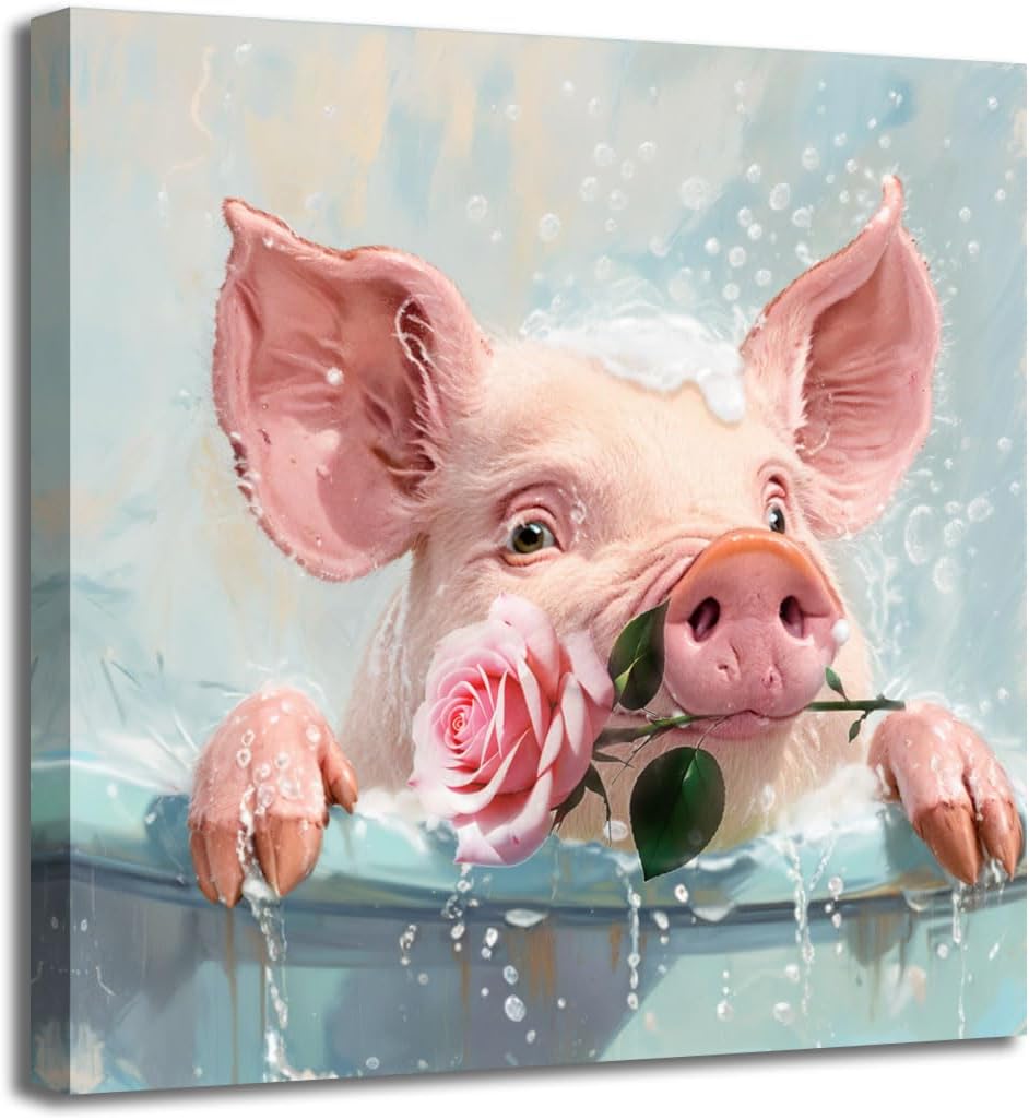 Amazon.com: Enartly Bathroom Wall Art Cute Pig Rose Painting Funny ...