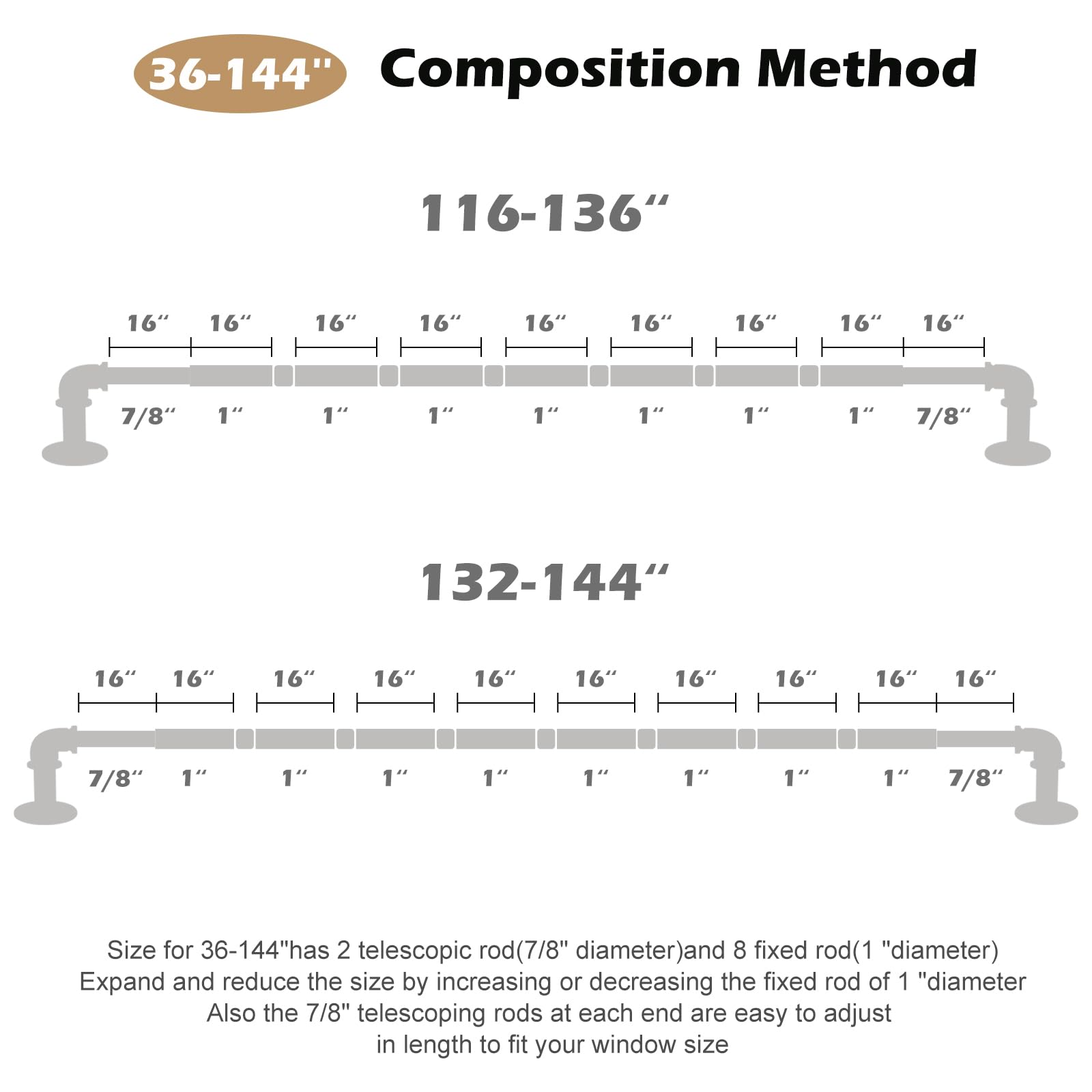 OLV Silver Industrial Curtain Rods for Windows 72 to 144 Inch(6-12 ft ...