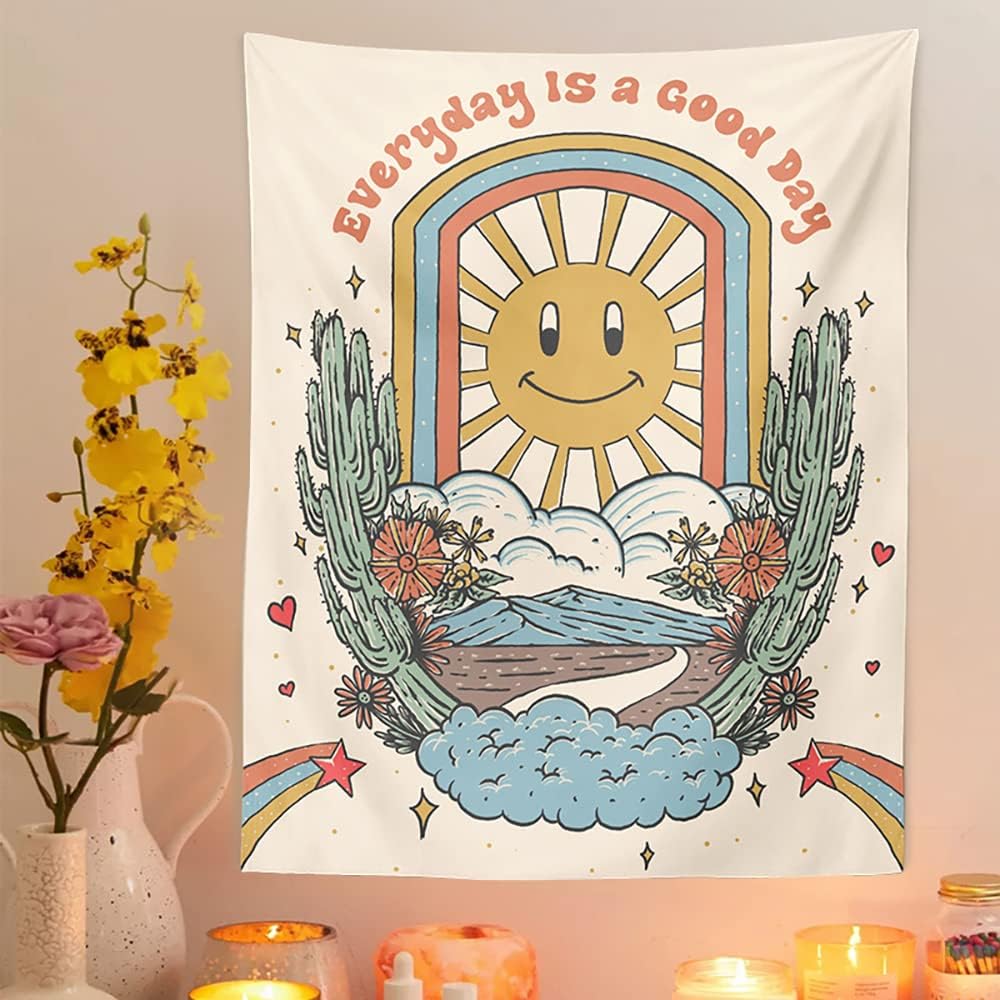 Amazon.com: MOOFFZ Smile Sun Wall Tapestry 70's Cute Rainbow Floral ...