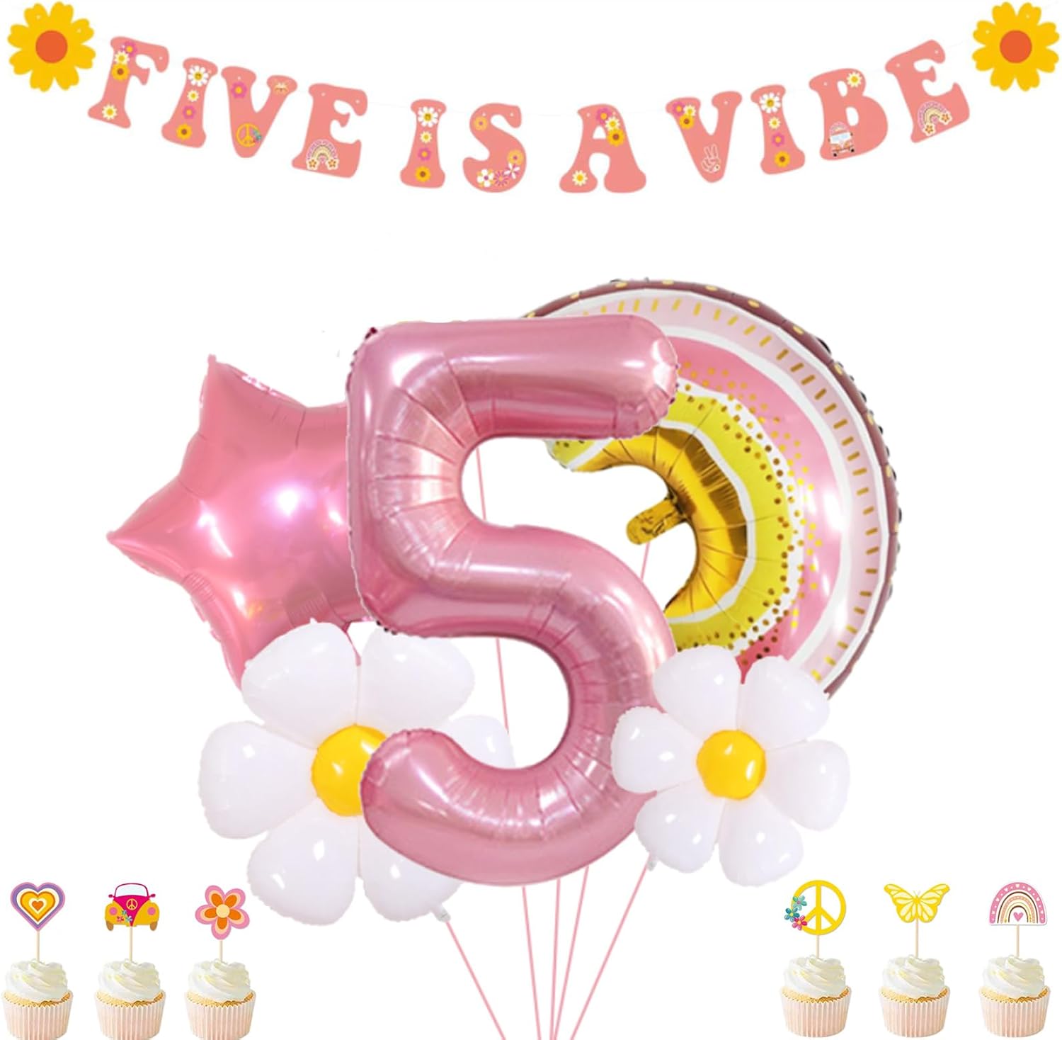 Amazon.com: Groovy 5th Birthday Party Decorations Five Is A Vibe Banner Daisy Rainbow Balloons ...