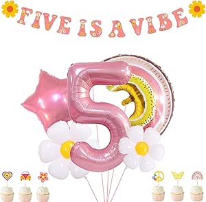 Amazon.com: Groovy 5th Birthday Party Decorations Five Is A Vibe Banner Daisy Rainbow Balloons ...