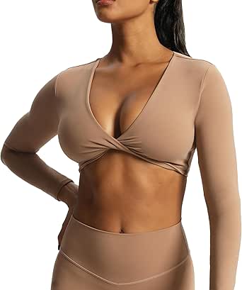 Amazon.com: Aoxjox Long Sleeve Crop Tops for Women Sienna Twist Deep V Workout Cropped T Shirt ...