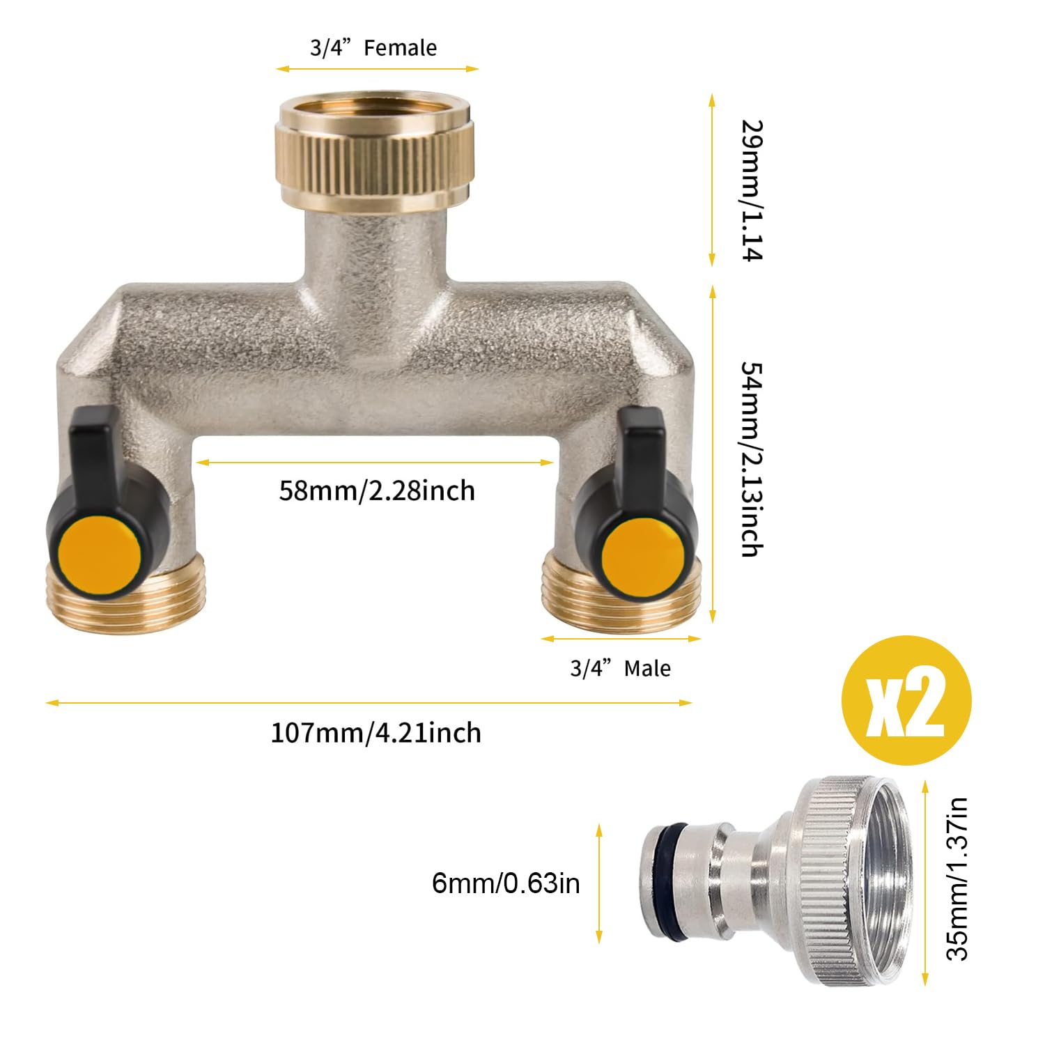 Brass 2 Way Tap Splitter, 3/4″ Hose Tap Splitter with 2 Individual ...