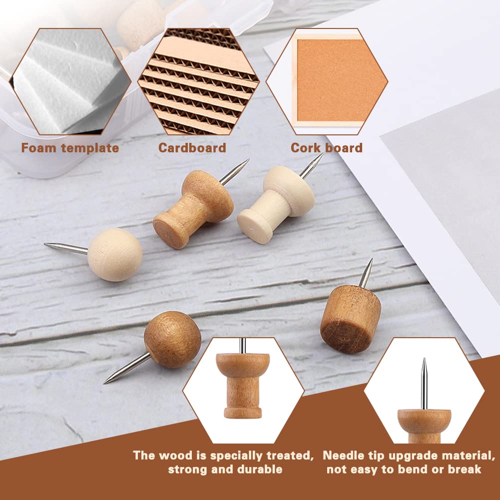 Snapklik.com : 60 Pcs Wood Push Pins, 2 Colors And 5 Types Decorative ...