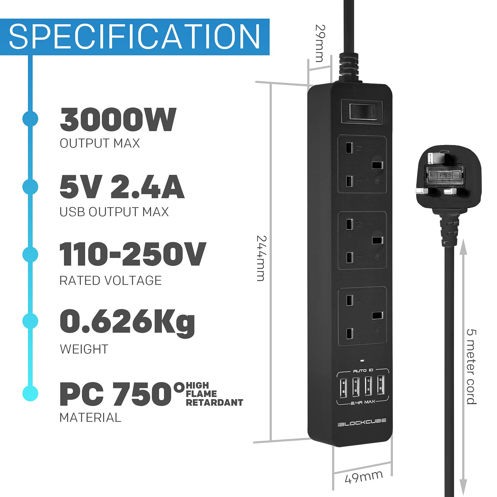 Buy iBlockCube® 5M Extension Lead Surge Protected Power Strip Outlet w ...