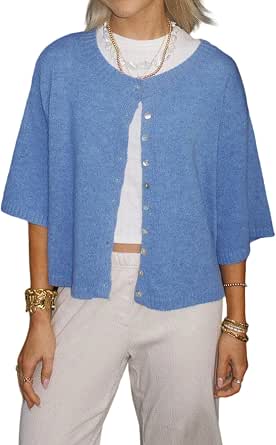 Women's Lightweight Knit Cardigan Short Sleeve Crew Neck Button Down ...