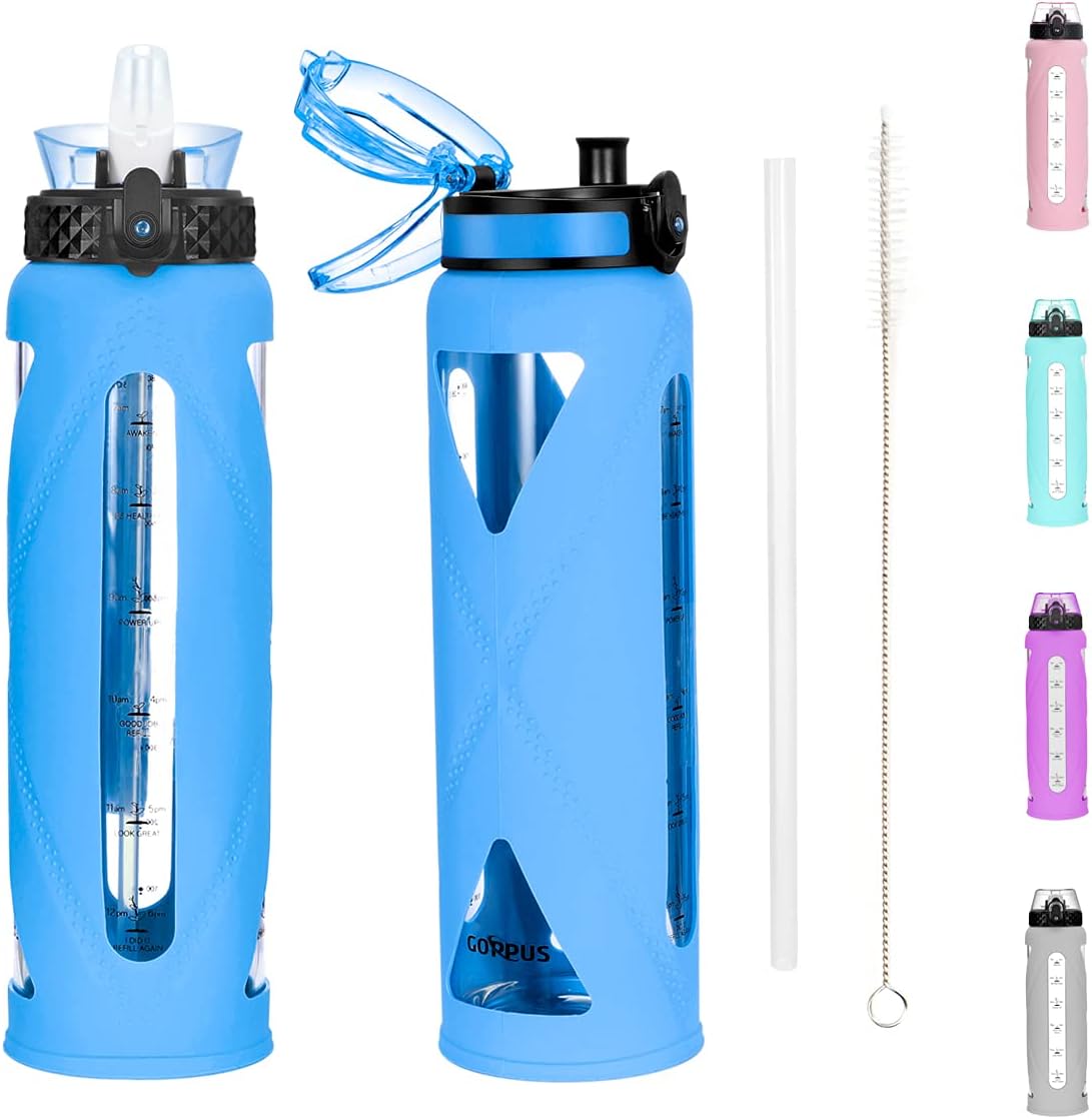 Glass Water Bottle with Straw and Flip Lid, Motivational Water Bottles ...