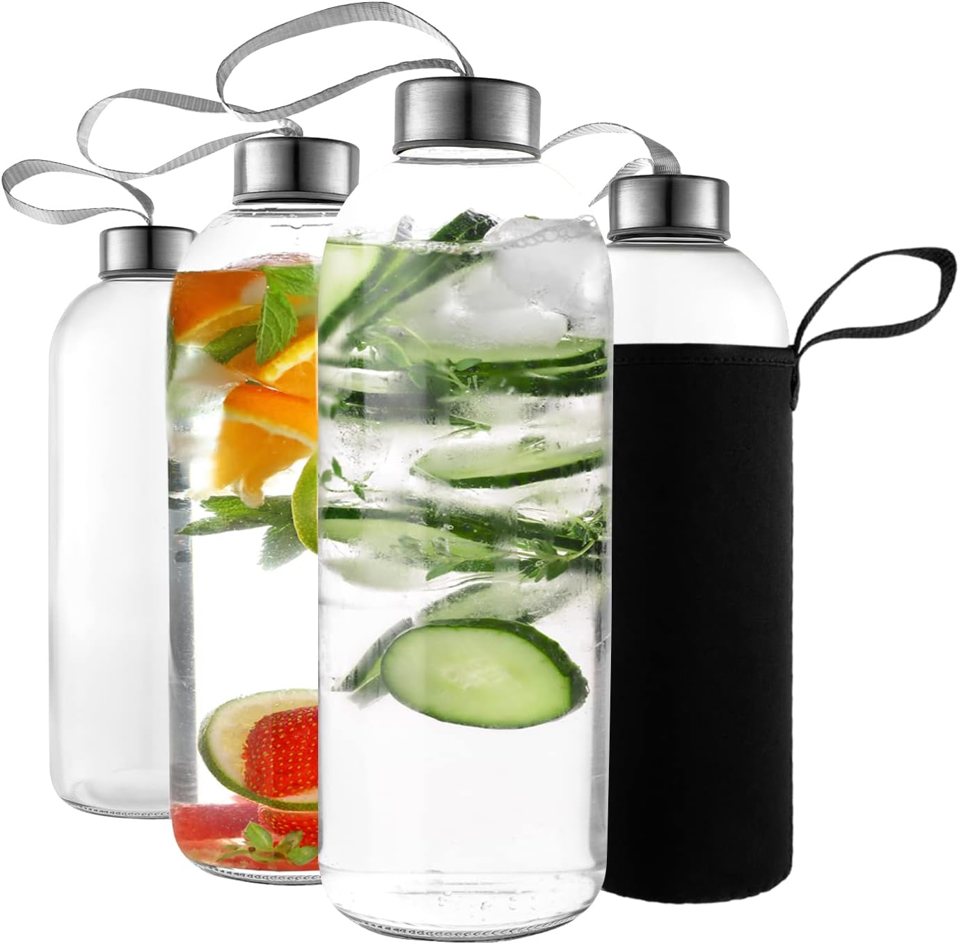 Amazon.com: Kitchen Lux 32 oz Glass Water Bottle Set of 4 - Reusable ...