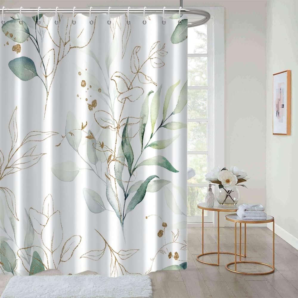 LFEEY Eucalyptus Shower Curtain, Spring Sage Green and Gold Abstract ...