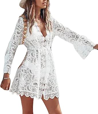 PMIYS Womens Lace Bikini Cover Ups Floral Print Long Sleeve Mini Dress ...