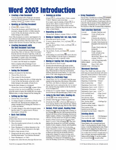 Microsoft Word 2003 Introduction Quick Reference Guide (Cheat Sheet of Instructions, Tips ...