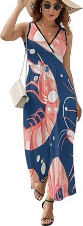 Prawn Shrimp Sleeveless Maxi Dress for Women V Neck Sundresses Casual ...