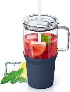 Amazon.com | Zenbo 32 oz Glass Tumbler with Straw and Lid with handle ...
