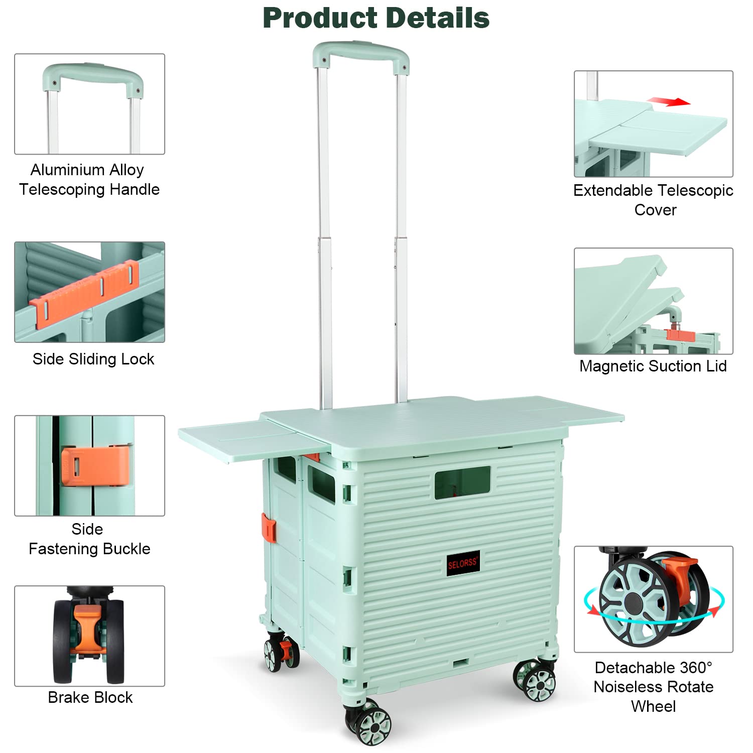 Foldable Utility Cart Collapsible Portable Crate Rolling Carts with ...