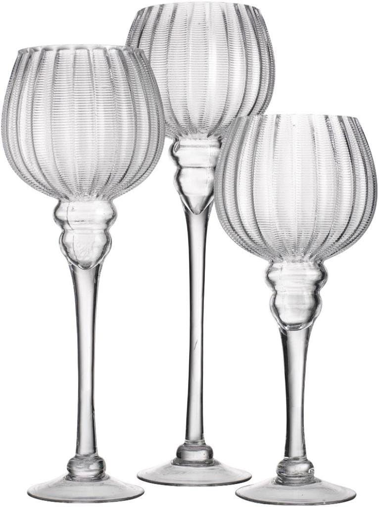 Set of 3 Ribbed Glass Hurricane Candle Holders ~ Decorative Sphere Ball ...